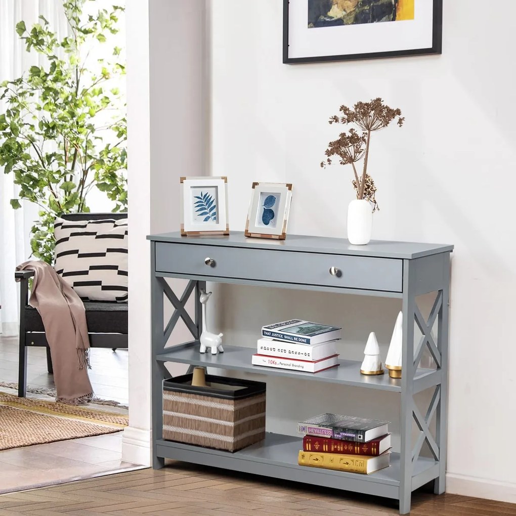 Costway Konzolový stůl 3 úrovně se zásuvkou ze dřeva – 100 × 30 × 80 cm, šedá