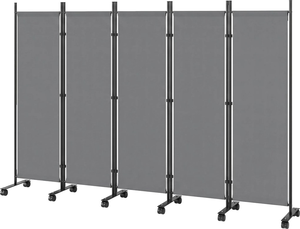 Outsunny 5dílný skládací paraván 252 × 40 × 170 cm — volně stojící paraván s 12 kolečky, ocelový rám, voděodpudivý polyester, tmavě šedý (vnitřní/přís