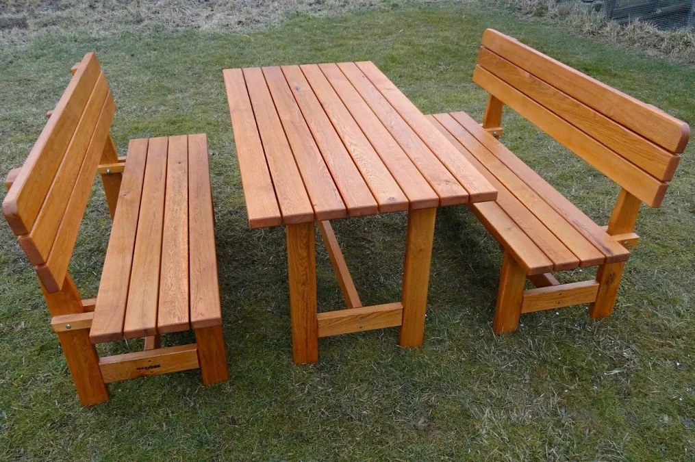 KULHÁNEK Zahradní dubová sestava - stůl, 2x lavice s opěradlem (klasické provedení) Délka: 150 cm, Odstín nátěru: individuální