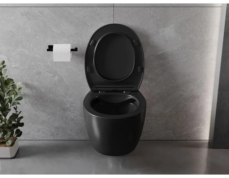 Mexen Egg, závěsná WC mísa Rimless s duroplastovým sedátkem s pomalým zavíráním, černá matná, 30245070