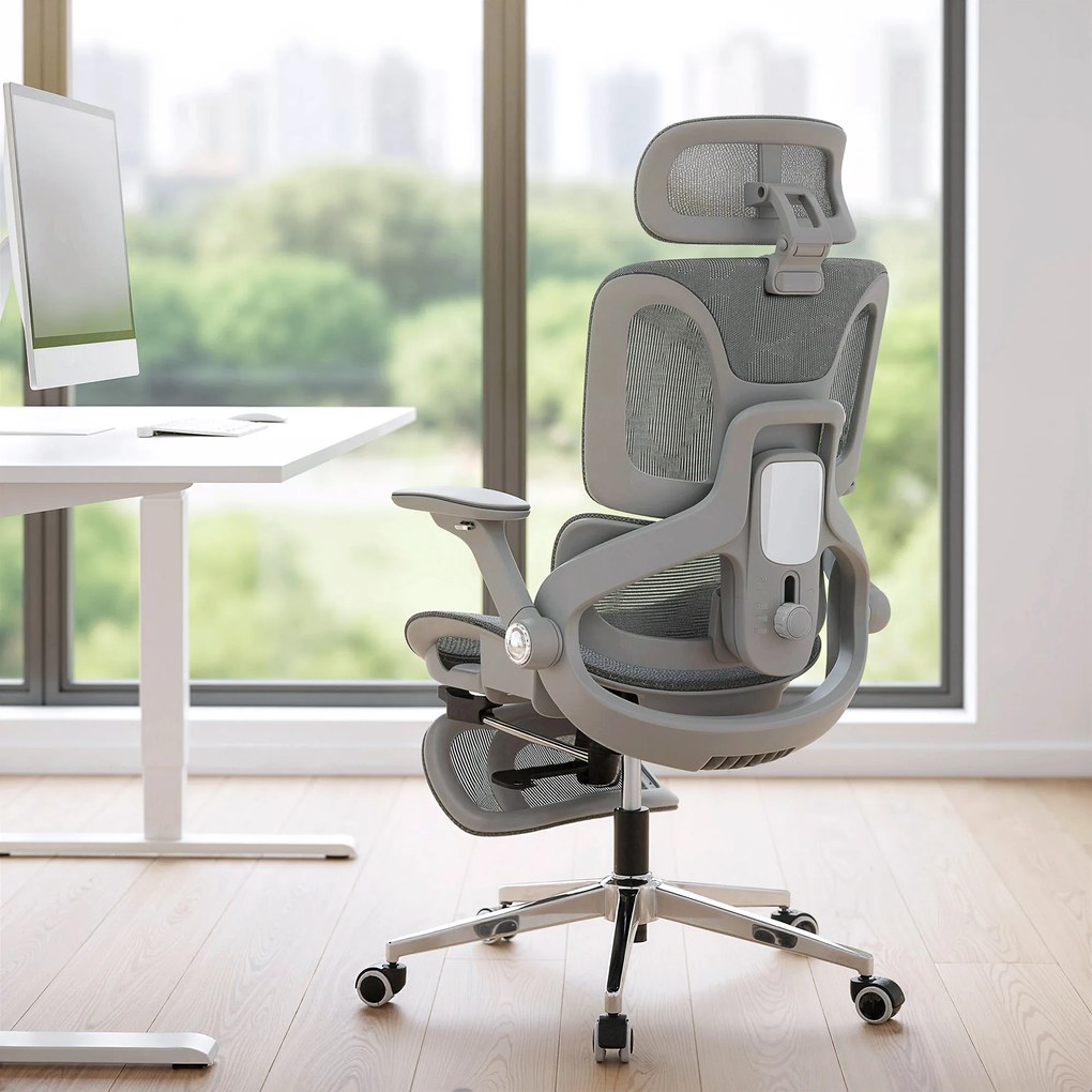 HOMCOM ergonomická síťovaná kancelářská židle — 4D područky, nastavitelná opěrka hlavy a hloubka sedáku, bederní opora, sklápění 135° s opěrkou nohou…