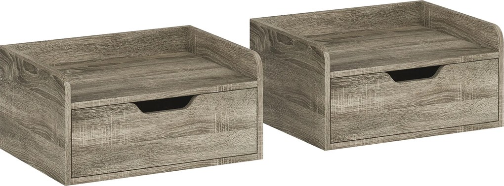 HOMCOM 2dílný set nástěnných nočních stolků, noční stolky se zásuvkou a poličkou s vyšším okrajem, 40x30x19,5 cm, šedá
