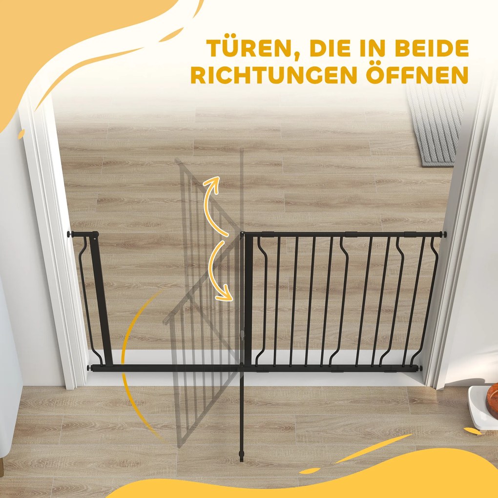 Bezpečnostní branka pro psy PawHut, 75-145 cm, nastavitelná, otevírání do dvou směrů, dvojité zamykání, montáž bez vrtání, ABS, ocel, černá| Aosom