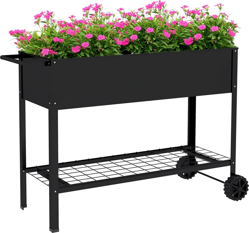 Metalová pěstební miska Outsunny se stojanem a policí 104L x 39Š x 80V cm 2 kola + zavlažovací vložka Černá