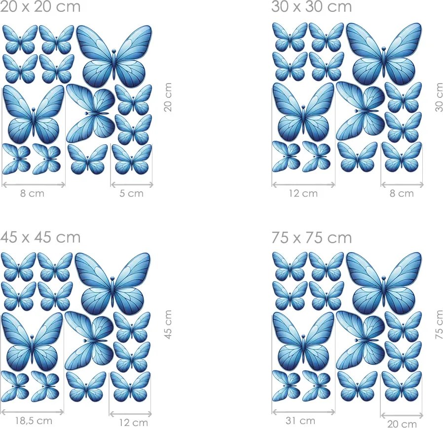 Motýli světle modří 13 ks textilní přelepitelné samolepky na zeď arch 30 x 30 cm