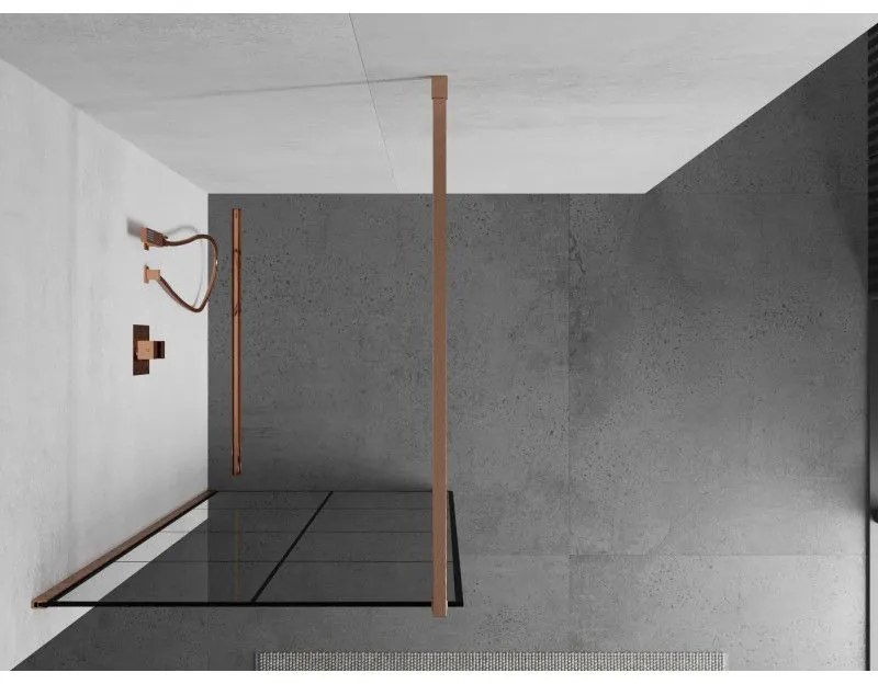 Mexen Kioto, sprchová zástěna Walk-In 70 x 200 cm, 8mm čiré sklo černý vzor, měděný matný profil, 800-070-101-65-77