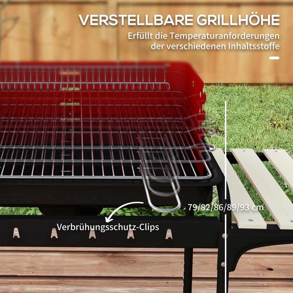 Outsunny Záhradní Kovový Uhlík Gril BBQ Smokery s Kolíky, Nastavitelný Grilovat Výšku, Dřevěná Police, Přenosný Grilový Vozík, BBQ pro Grilování a Ke…