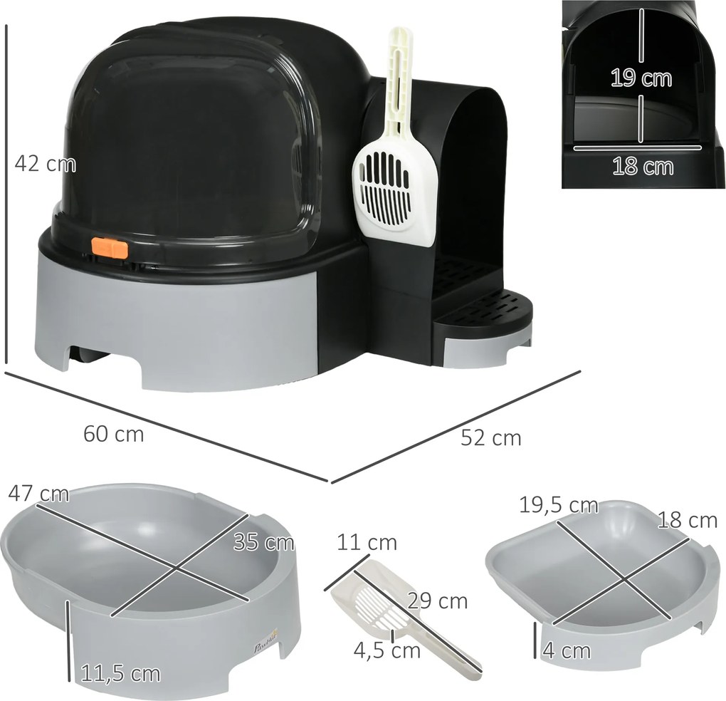 Kočičí domek PawHut se 2 výsuvnými vaničkami a kapotou, lopatka pro kočky do 4 kg, šedý 52x60x42cm | Aosom.de