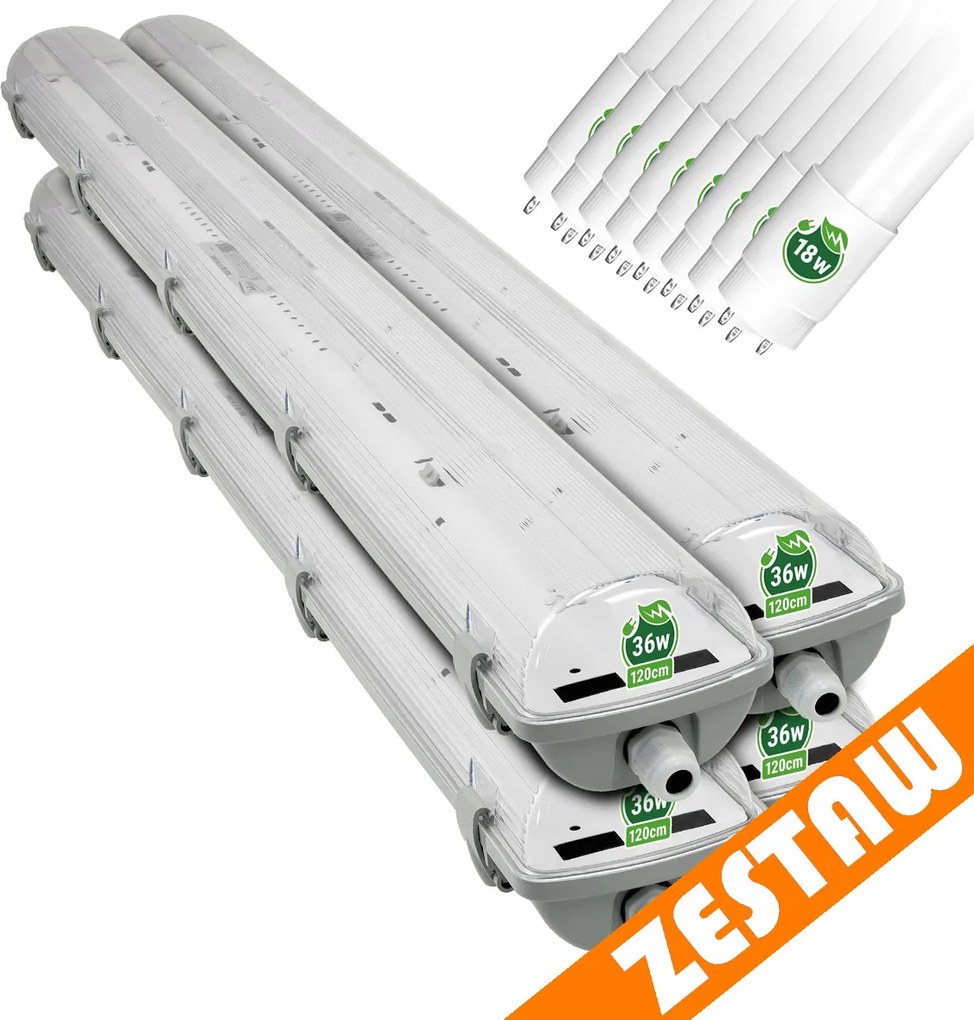 Sada 4 hermetických LED svítidel do fólie 120 cm + 8 zářivek G13 18 W