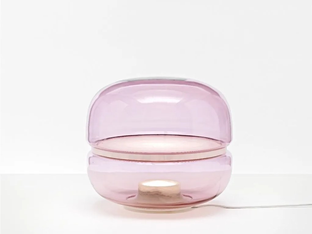 Brokis Macaron, skleněná stolní/stojací lampa, O 400 mm Barva skla: Amber - transparentní sklo, Základna: Onyx bílý, Disk: BROKISGLASS - kouřově šedá mat