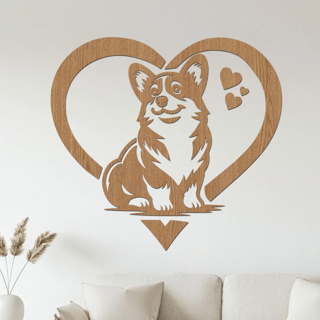 dřevo života Dřevěná dekorace Corgi láska Zvolte rozměr (cm): 40x37, Zvolte barvu dekoru: Třešeň
