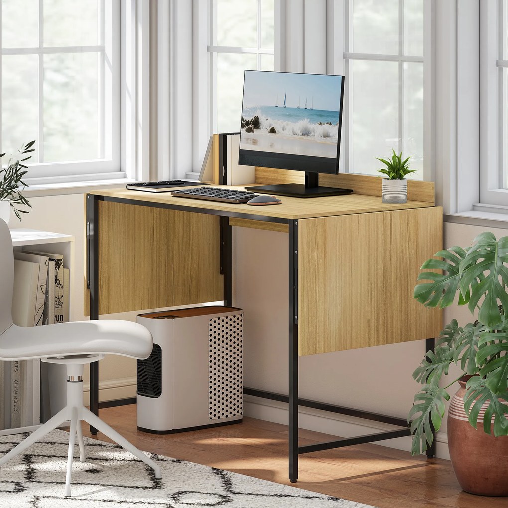 HOMCOM Sklápěcí počítačový stůl se 2 vysouvacími deskami, hodně místa pro monitory, kovové nohy, robustní konstrukce, dub+černá