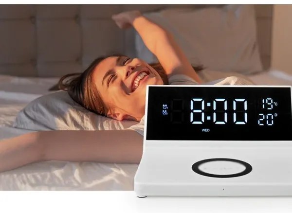 Nedis WCACQ20WT - Budík s LCD displejem a bezdrátovou nabíječkou 15W/5V bílá