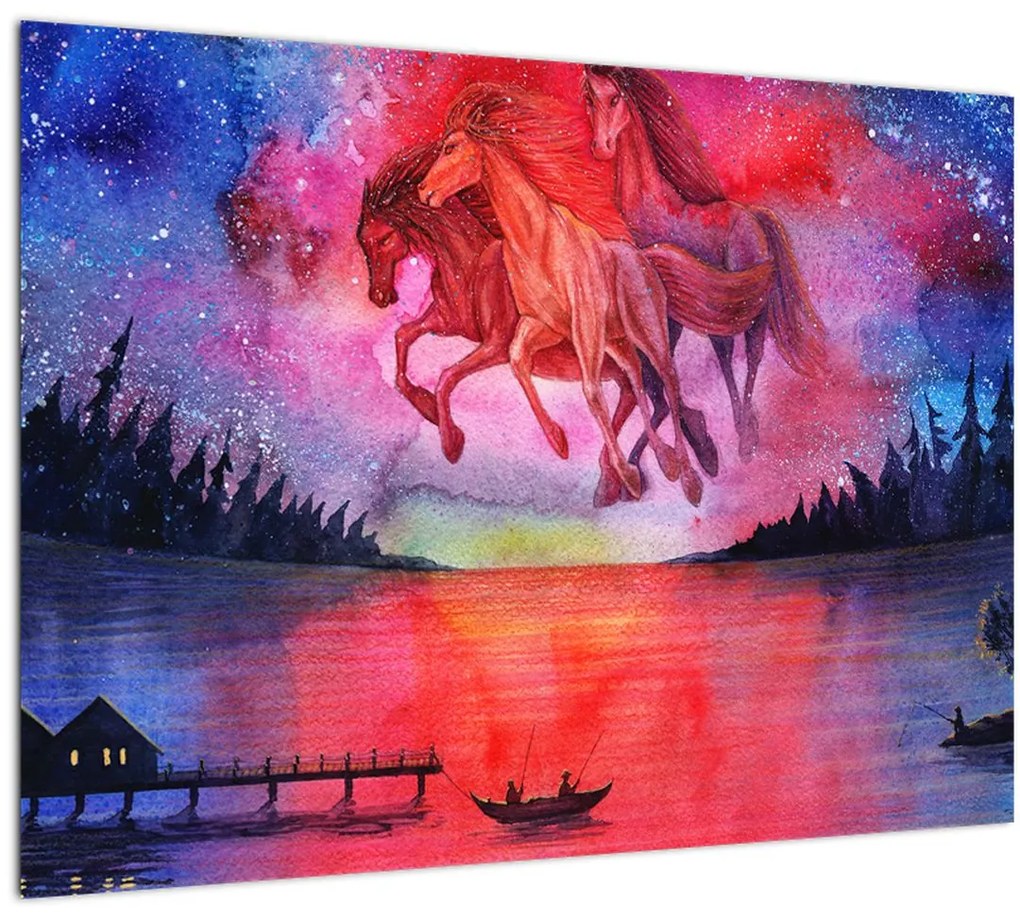 Skleněný obraz - Zjevení vesmírných koňů nad jezerem, aquarel (70x50 cm)