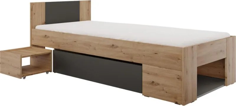 Postel UNIS s úložným prostorem, 90x200, dub artisan/antracit Kondela 0000402518