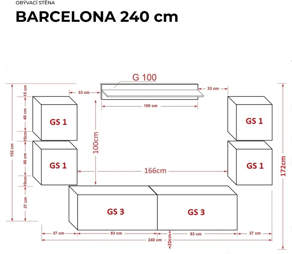 Ral Obývací stěna BARCELONA 1, 240 cm - Černý lesk