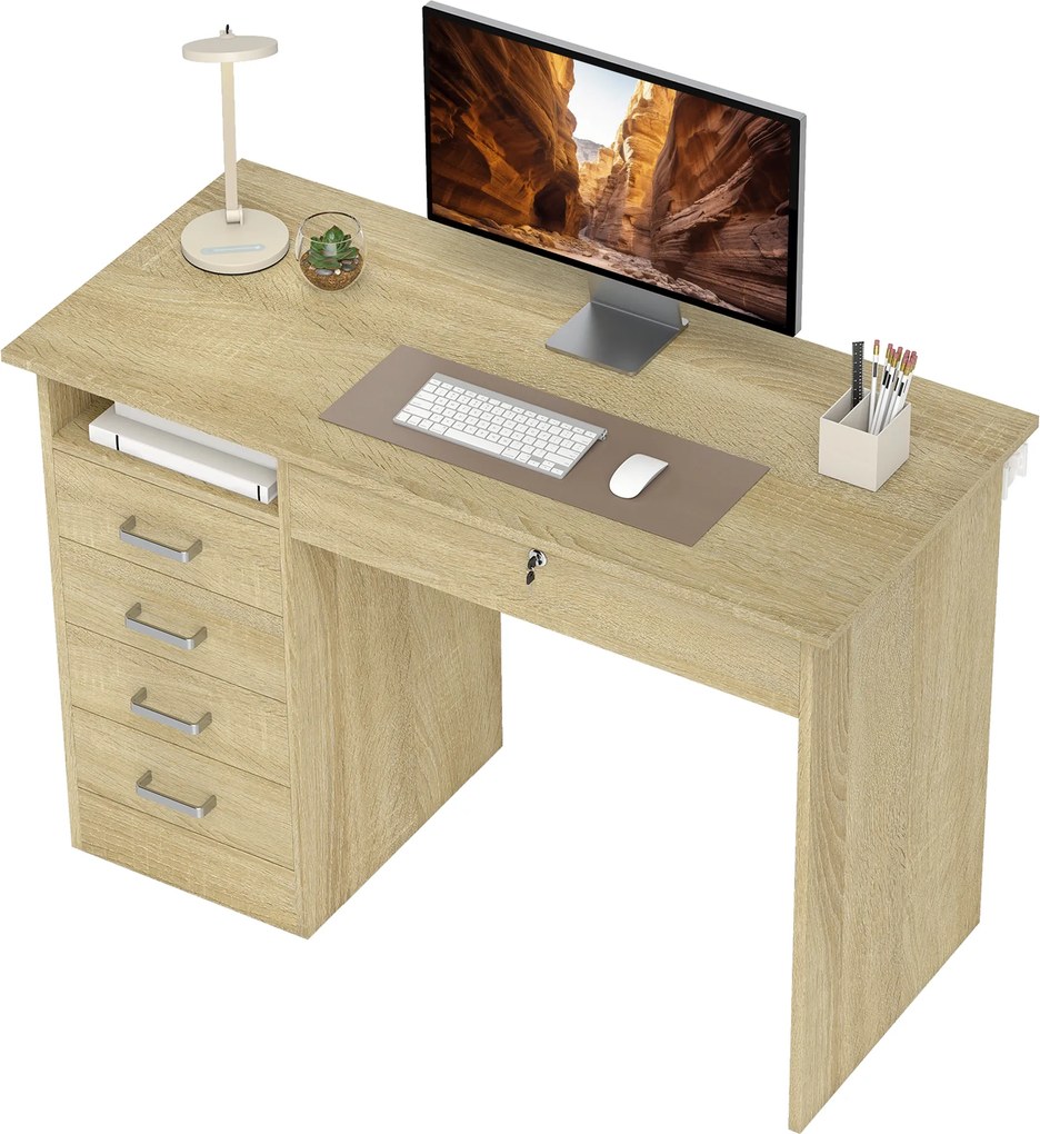 HOMCOM Moderní psací stůl s 5 zásuvkami, velkou deskou, 1 otevřenou přihrádkou, zamykatelnou zásuvkou, 110 x 50 x 76 cm, dub