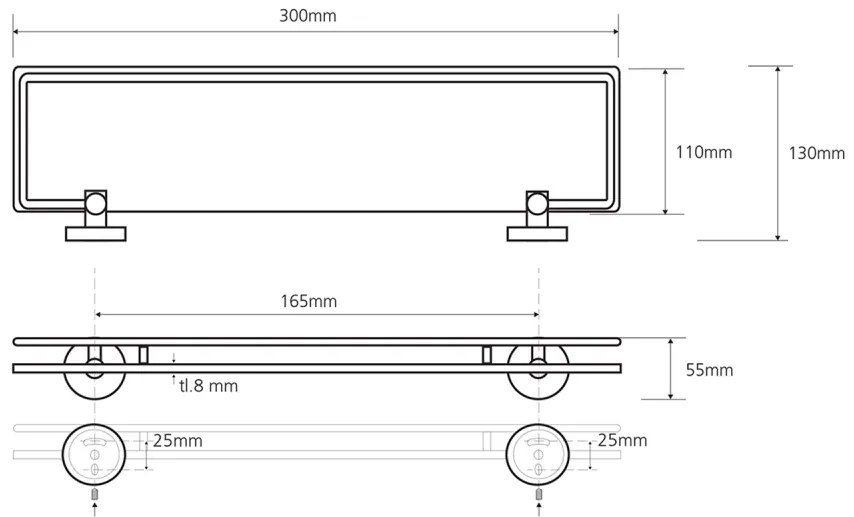 Sapho X-ROUND E skleněná polička s výklopnou hrazdou 300x130mm, mléčné sklo, chrom XR607