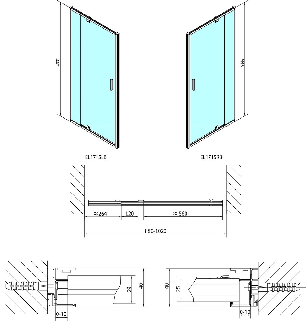 Polysan Polysan, EASY BLACK otočné sprchové dveře 880-1020mm, čiré sklo, EL1715B