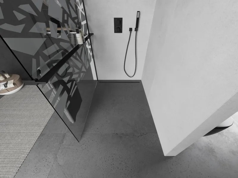 Mexen Kioto+ L, sprchová zástěna Walk-In s poličkou a věšákem 90 x 200 cm, 8mm čiré sklo bílý vzor, ​​černý profil, 800-090-123-70-85