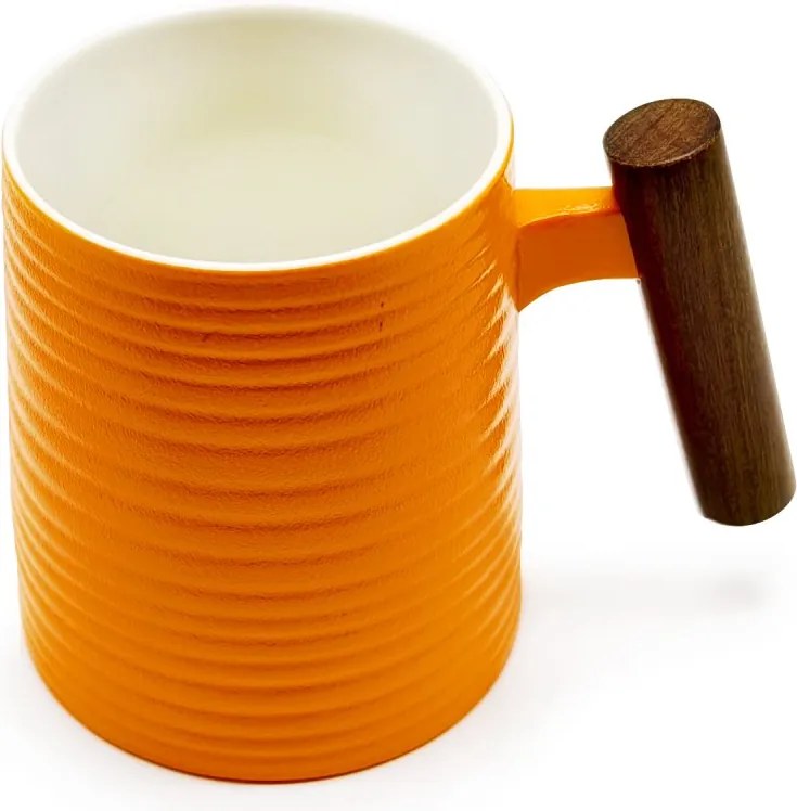 Porcelánový hrnek s dřevěnou rukojetí Clementine Relief, 400 ml – matný, oranžový