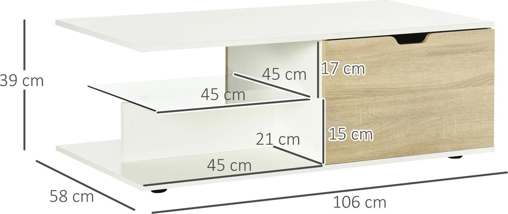 HOMCOM Moderní Design Obdélníkový Konferenční Stolek se 2 Zásuvkami, 2 Policemi a Skleněnou Policí, Bílý Dubový Vzhled 106 x 58 x 39 cm