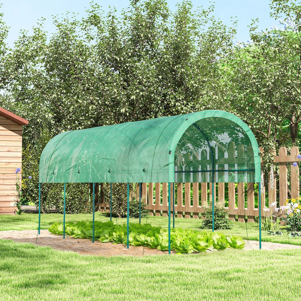 Outsunny zimní tunelový skleník s obloukovou střechou — ocelový rám a zemní kotvy, zasouvací otevřený tunel, 400 × 120 × 170 cm, zelený