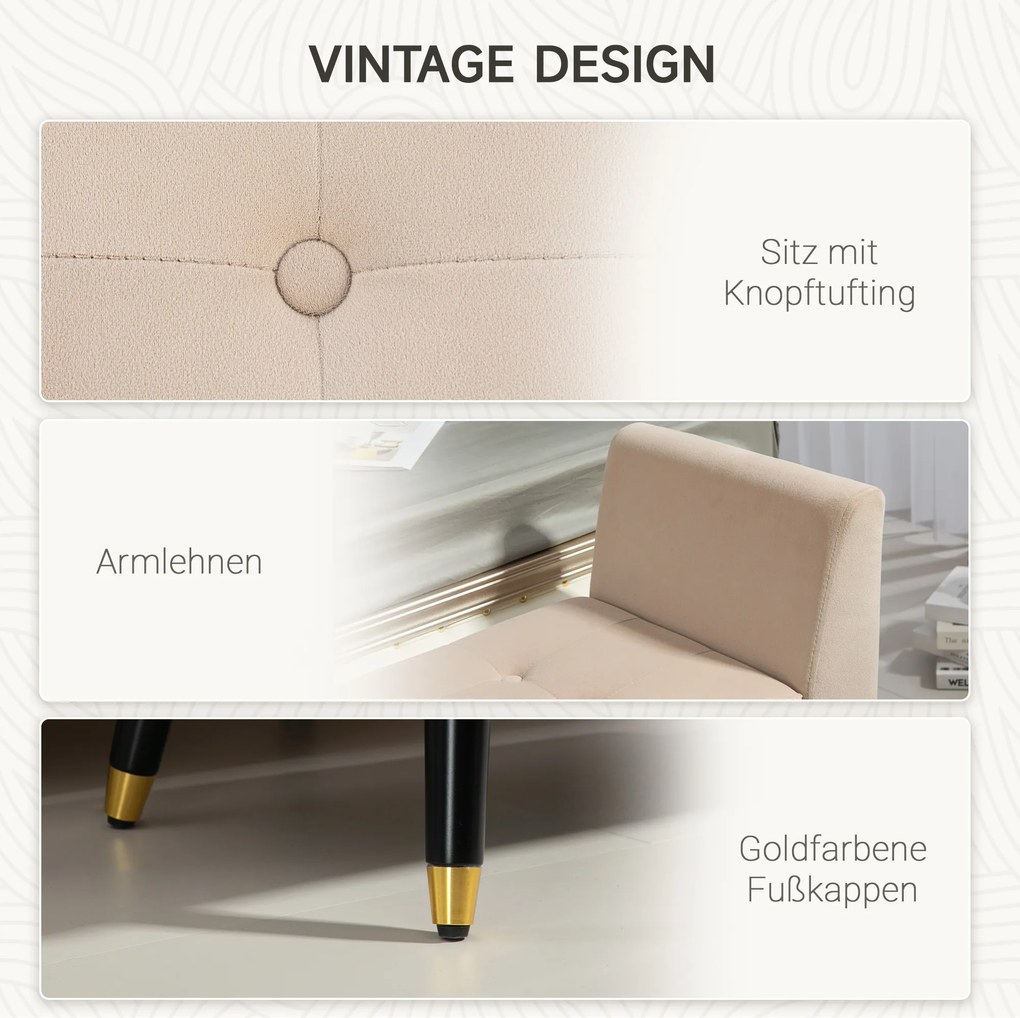 HOMCOM Luxusní sedací lavice Čalouněná lavice s úložným prostorem Područky Truhlicová lavice Sametový polyester kaučukovník Béžová 107 x 42 x 65 cm