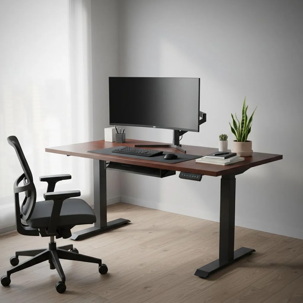 Výškově nastavitelný stůl OfficeTech D, 120 x 80 cm, černá podnož, wenge