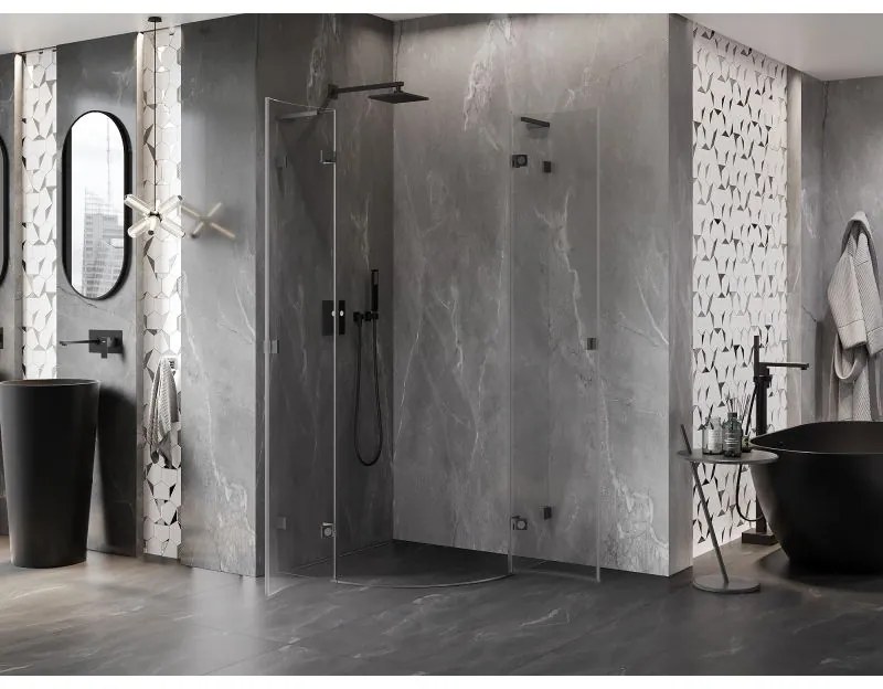 Mexen Lunar, L půlkruhový výklopný sprchový kout 90 x 90 cm, 8mm čiré sklo, pistolově šedý kartáčovaný - 833L-090L-090P-66-00