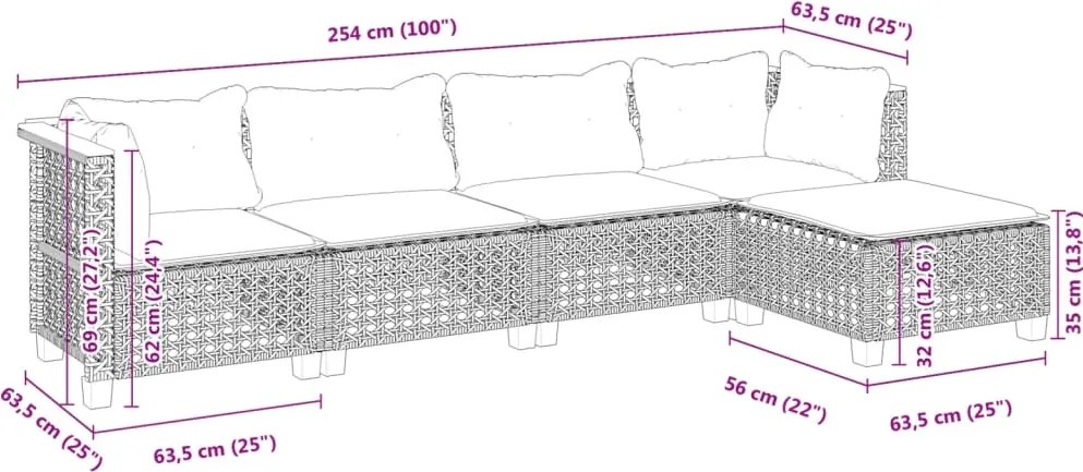 5dílná zahradní sedací souprava s poduškami černá polyratan 3261788