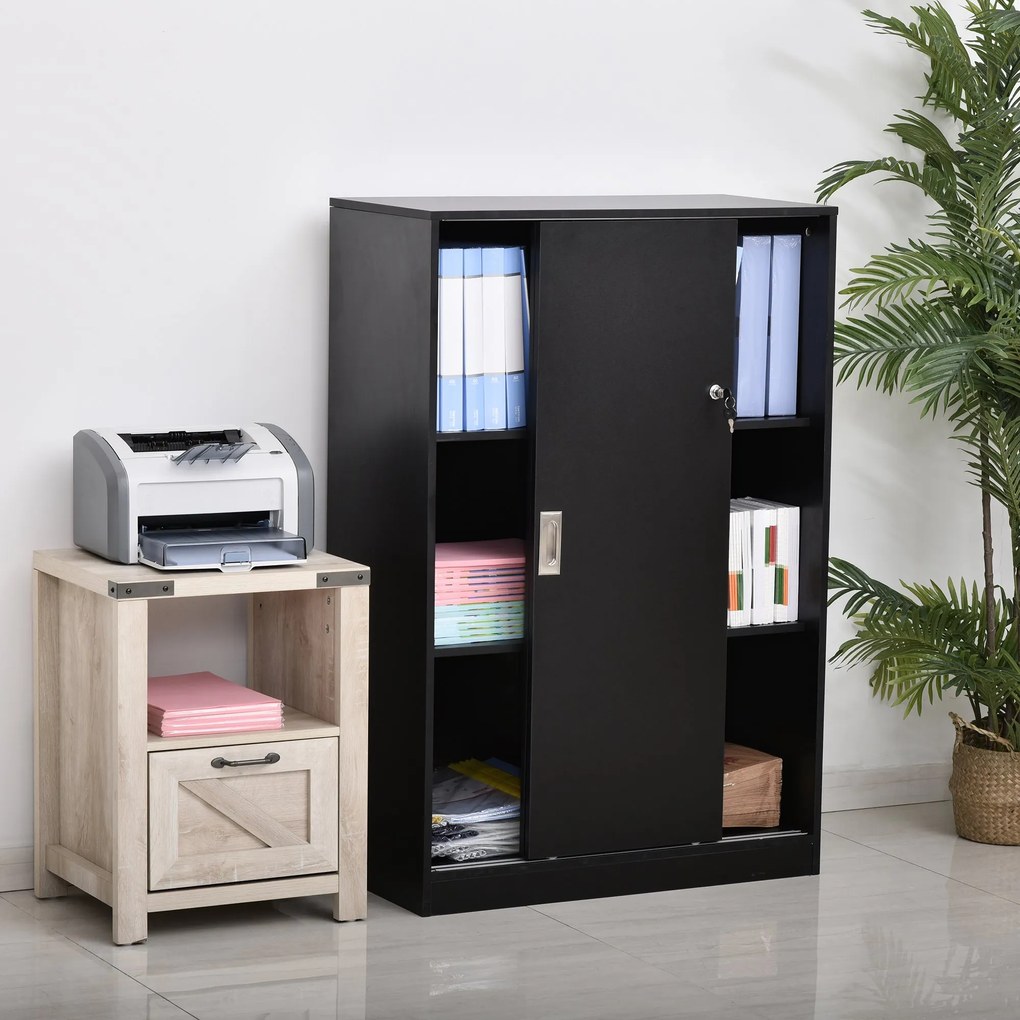 HOMCOM Zamykatelný kancelářský skříň s posuvnými dveřmi rozměry 80Š x 40H x 120V cm 2 police Dřevotříska Černá
