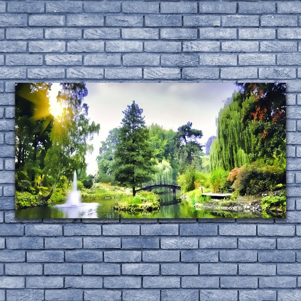 akrylový obraz Les Vodopád Slunce Příroda 120x60 cm