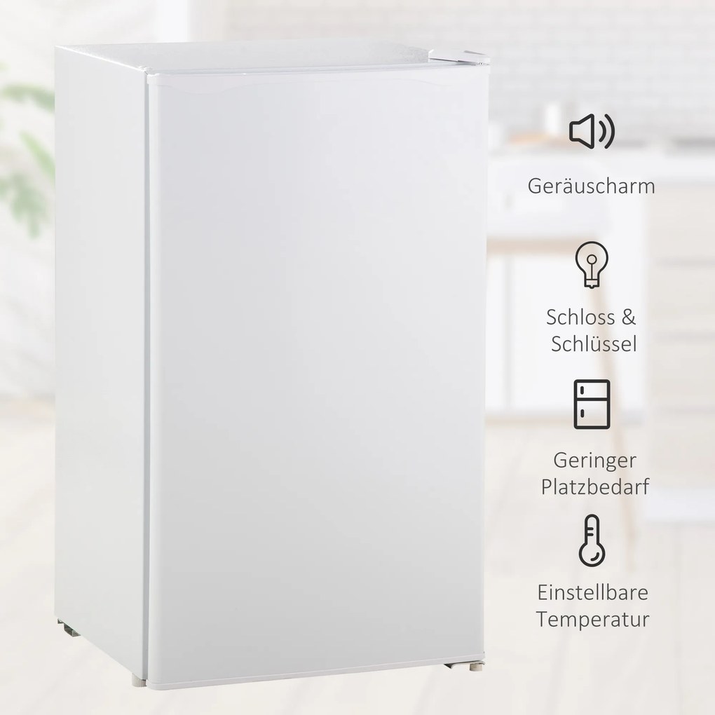 HOMCOM Mini lednička, kapacita 91 litrů, mrazák, nastavitelné police, tichý provoz, kompaktní rozměry, plast, ocel, bílá
