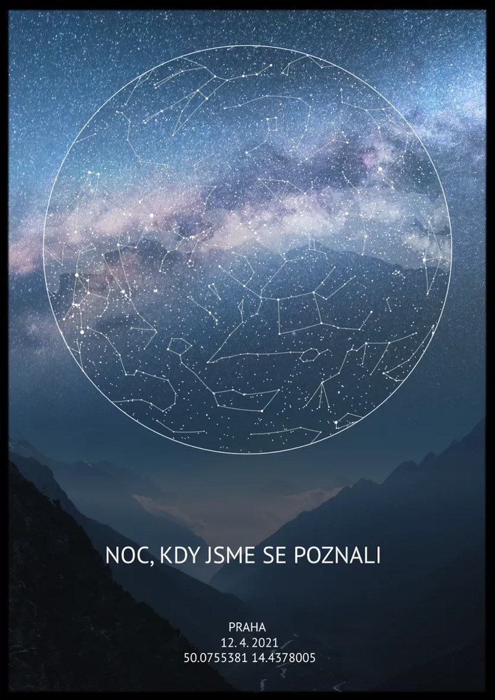 Plakát Hvězdná mapa vašeho životního okamžiku Velikost: A3 - 29,7x42 cm, Volba rámu: bez rámu, Vzhled: Černá