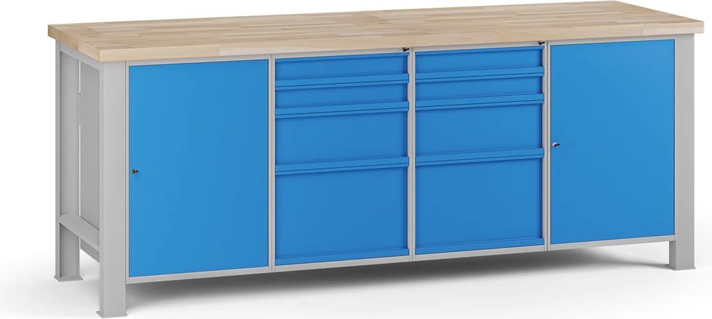 Dílenský pracovní stůl G7, buková spárovka, 2100 x 685 x 840 mm, 2x skříňka, 8 zásuvek, modrá