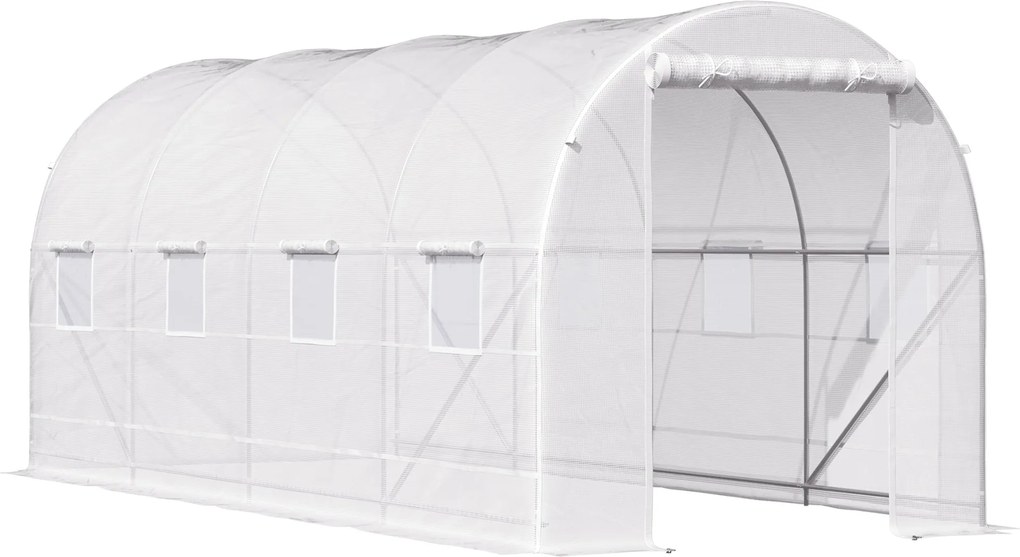 Zahradní tunelová skleník Outsunny s 8 okny a rolovacími dveřmi, kovový rám a polyethylenový kryt, 5x2x2m, bílý
