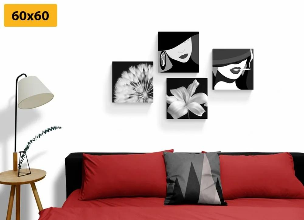 Set obrazů dámy v černobílém provedení - 4x 60x60 cm
