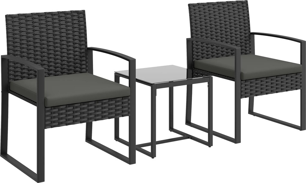 Ratanový bistro set, 3dílná sada zahradního nábytku se 2 zahradními židlemi, konferenčním stolkem, odnímatelnými polštáři tmavě šedá