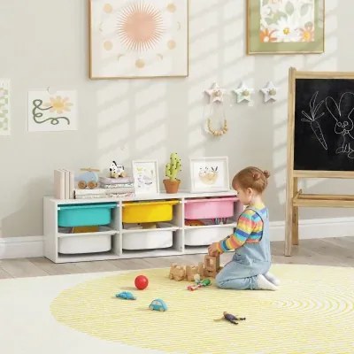 AIYAPLAY dětský úložný regál, 2 úrovně, úložný regál na hračky se 6 vyjímatelnými boxy, 97x21x29 cm, bílá