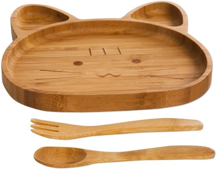 Set dětského talíře ve tvaru medvídka a příborů z bambusového dřeva Bambum
