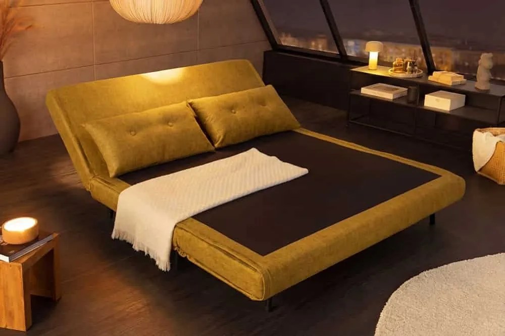 Designová rozkládací pohovka Bleddyn 140 cm hořčičný samet