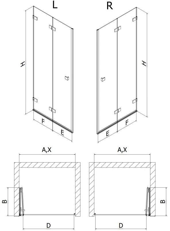 Mexen, Mexen Lunar-F pravé skládací sprchové dveře 65 cm, průhledné, černé - 836-065-000-70-00-P