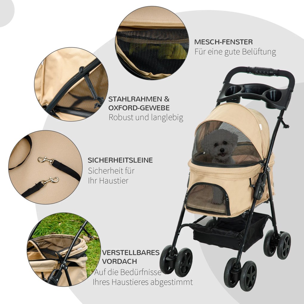 PawHut kočárek pro psy skládací funkční kočárek pro malé psy kočky kočárek pro domácí mazlíčky Oxford Khaki 67x45x96cm |