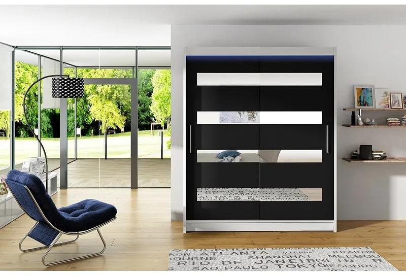 Šatní skříň Presto XIII, Barva: černý + bílá + zrcadlo, Osvětlení: osvětlení LED RGB - barevné