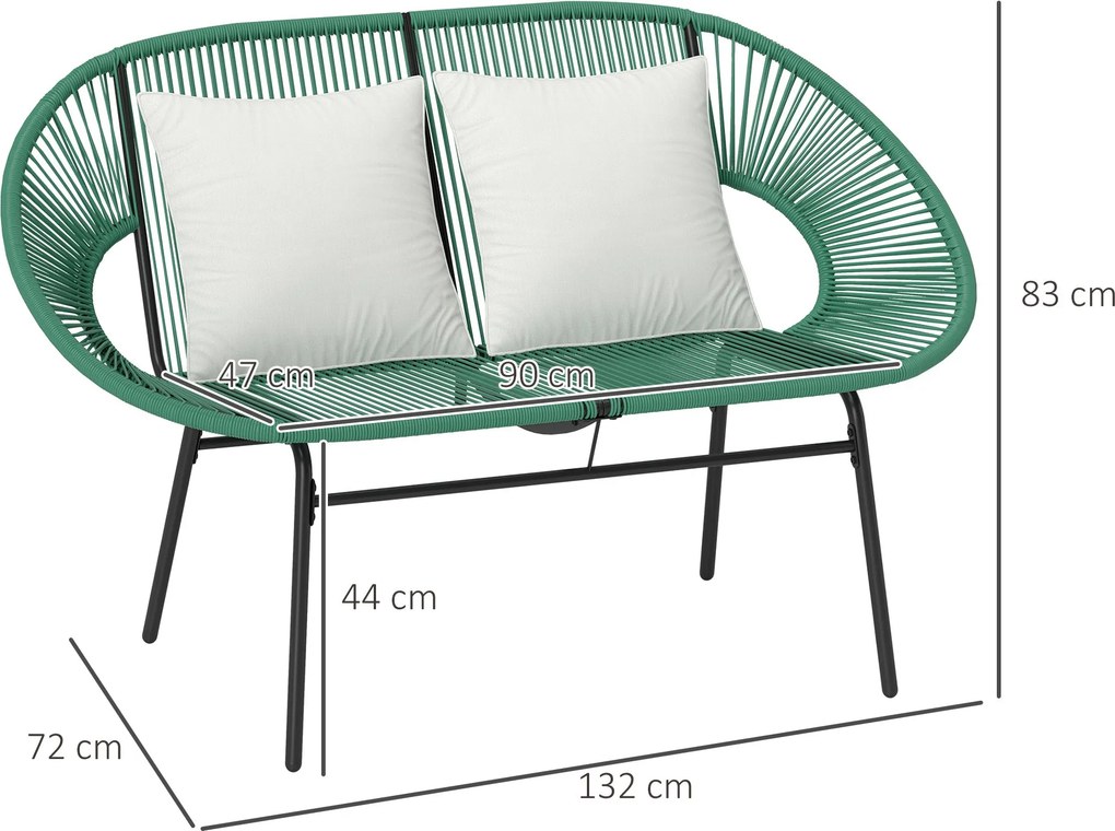 Outsunny zahradní lavička pro 2 osoby z oceli a syntetického lana s 2 polštářky - rozměry 132D x 72Š x 83V cm - tmavě zelená