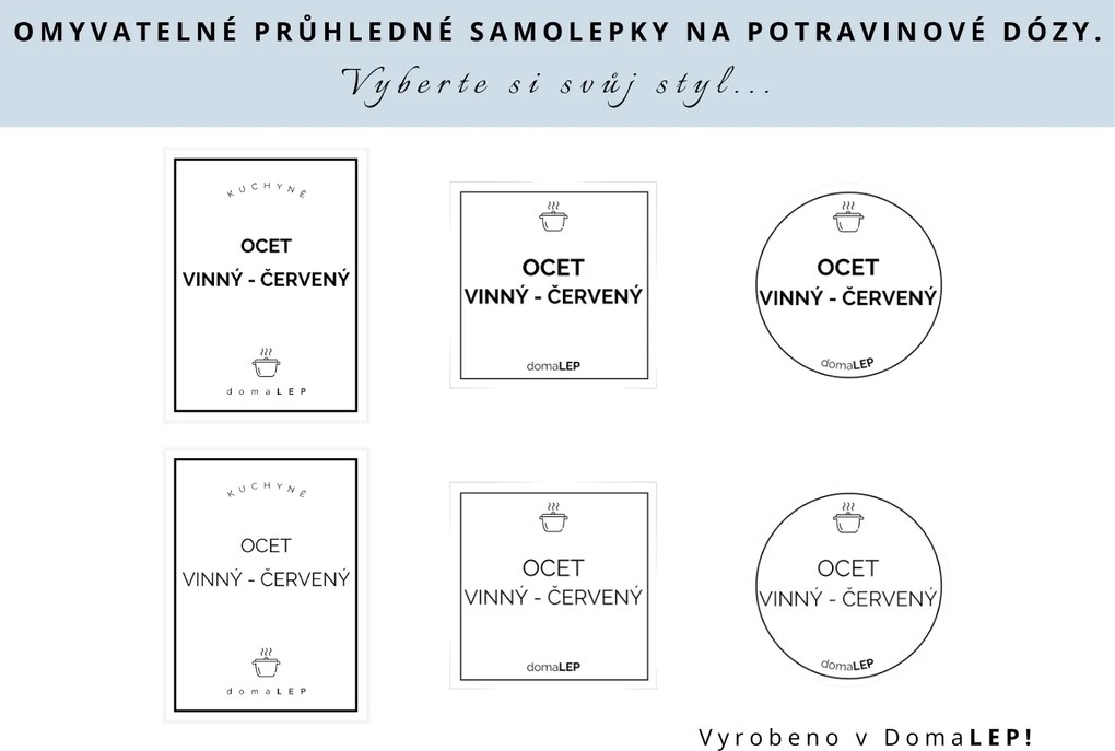 OCET VINNÝ ČERVENÝ - omyvatelná samolepka na dózu, výběr rozměrů Ø 5 cm / 5 x 5 cm / 6 x 8 cm | DomaLEP tvar: ČTVEREC, barva: PRŮHLEDNÁ - ČERNÉ písmo, velikost: š. 5 cm x v. 5 cm - tučné písmo