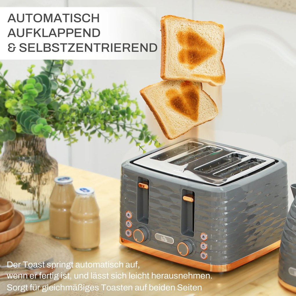 HOMCOM snídaňový set konvice a topinkovač 1,5 l konvice 4 plátky topinkovače 3000 W 7 stupňů propečení rozmrazování a ohřívání Šedá