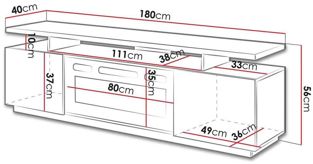 Televizní stolek s krbem SALTA - bílý / lesklý bílý / černý
