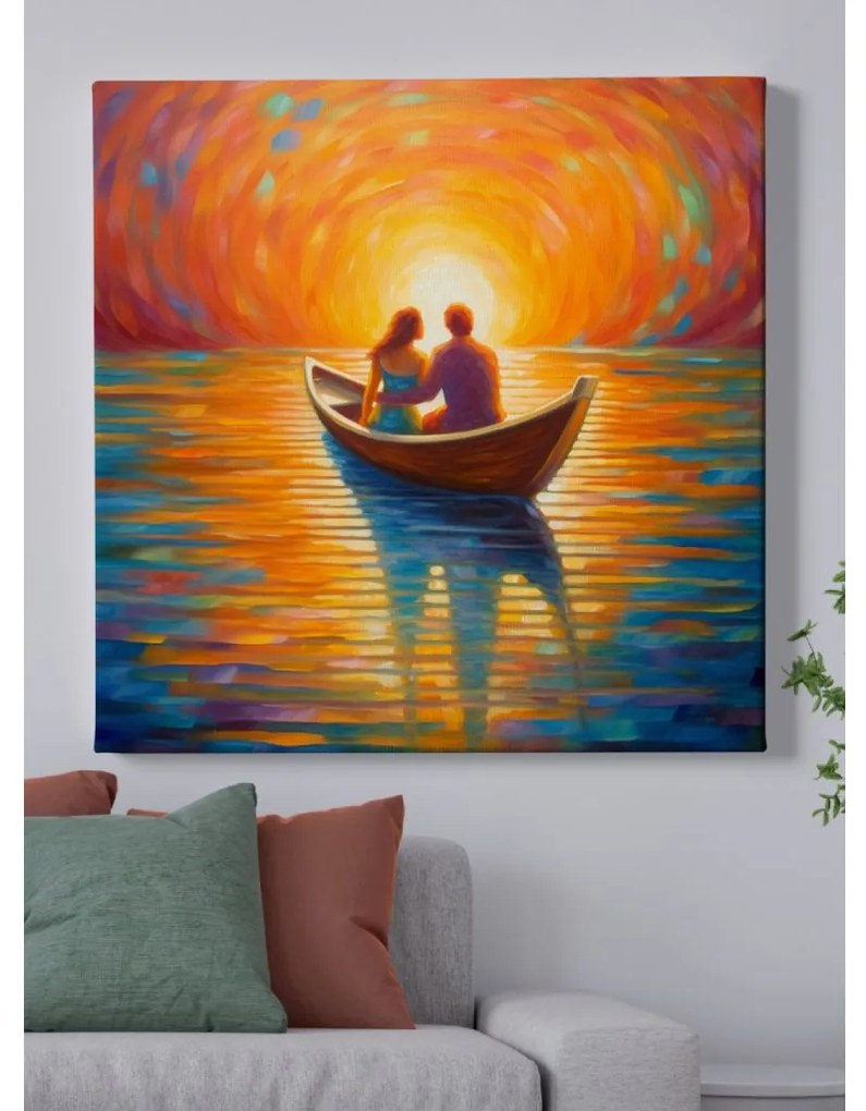 Obraz na plátně - Pár na loďce pozorující na západ slunce FeelHappy.cz Velikost obrazu: 140 x 140 cm